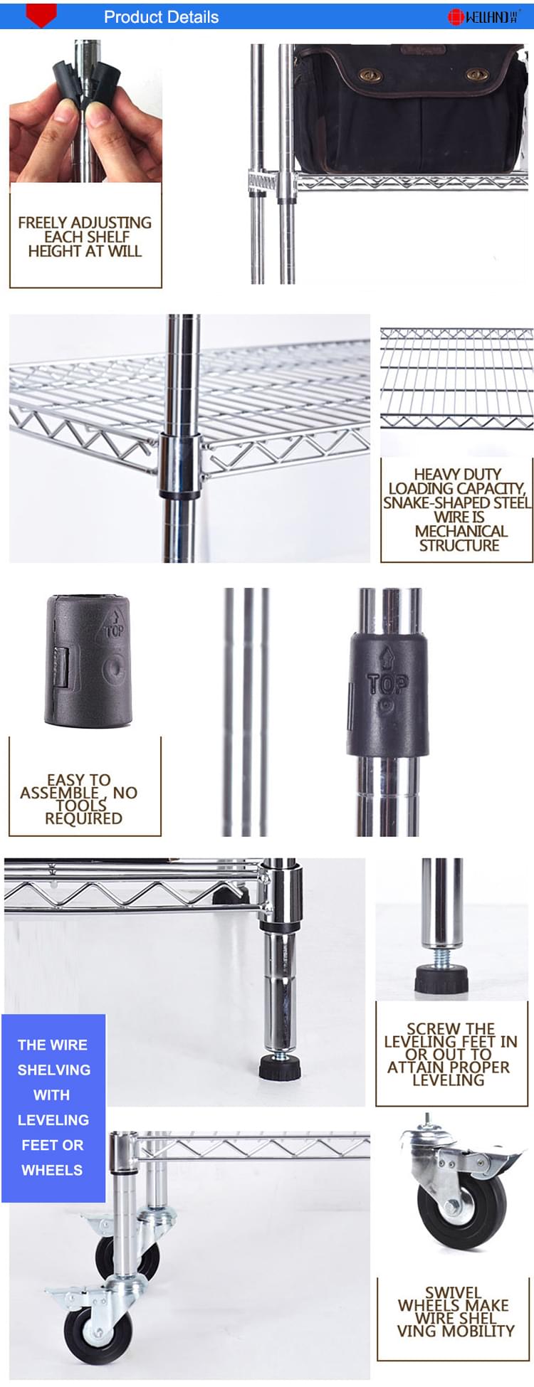 4 Tiers 250kgs Heavy Duty Warehouse Storage Chrome Steel Wire Shelving Rack